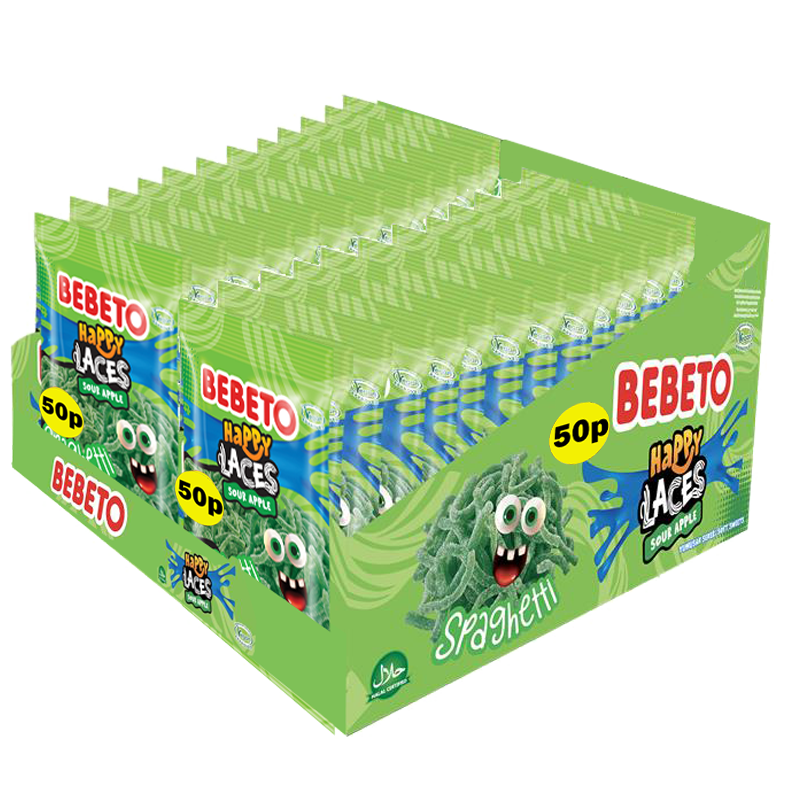 SOUR APPLE SPAGHETTI HAPPY LACES 70G (PMP) X 20 – Bebeto