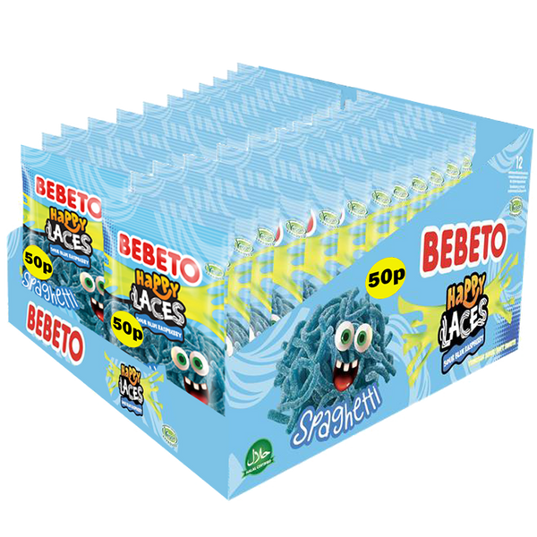SOUR BLUE RASPBERRY SPAGHETTI HAPPY LACES 70G PMP X 20 – Bebeto