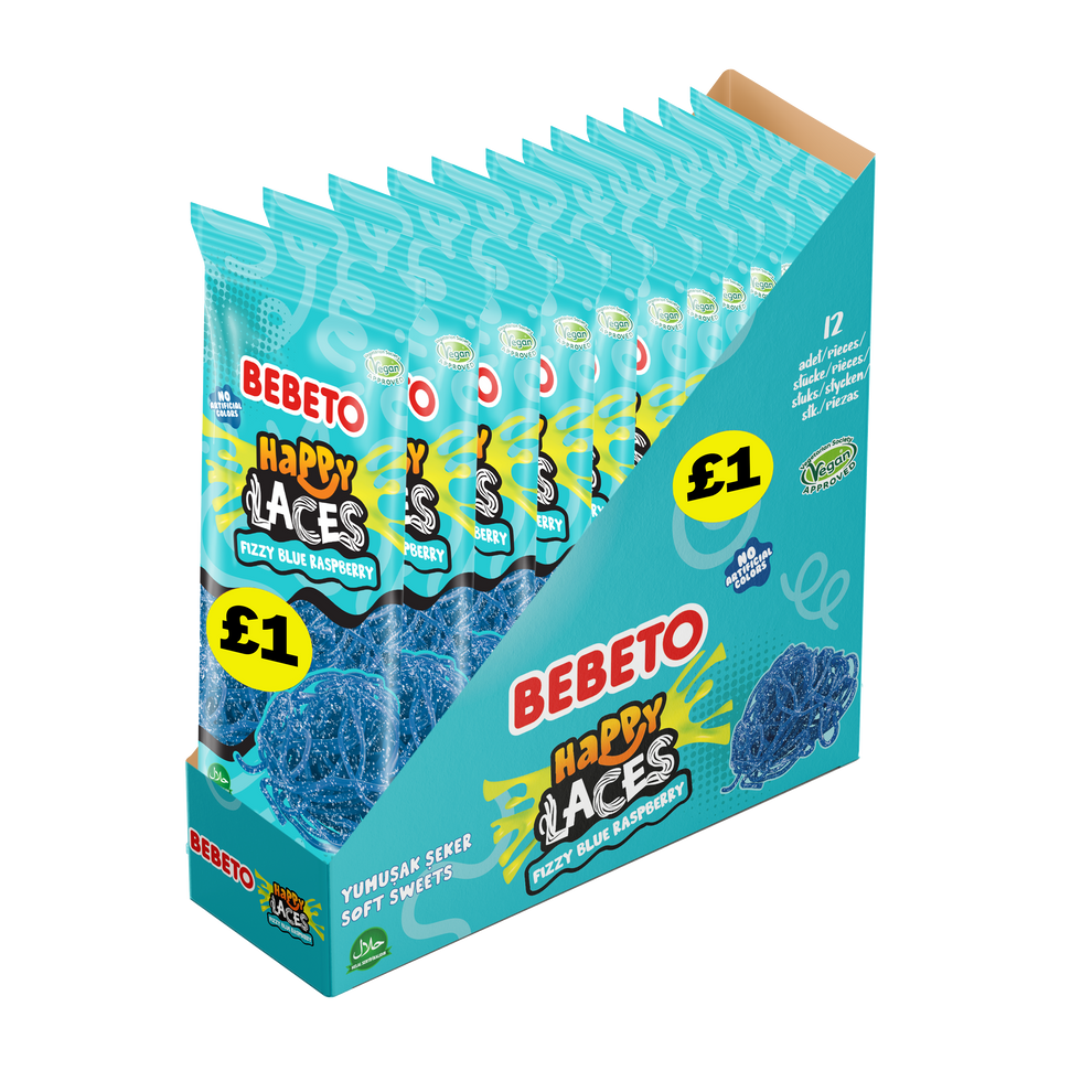 BEBETO FIZZY BLUE RASPBERRY LACES 140G X 12 (PMP) – Bebeto