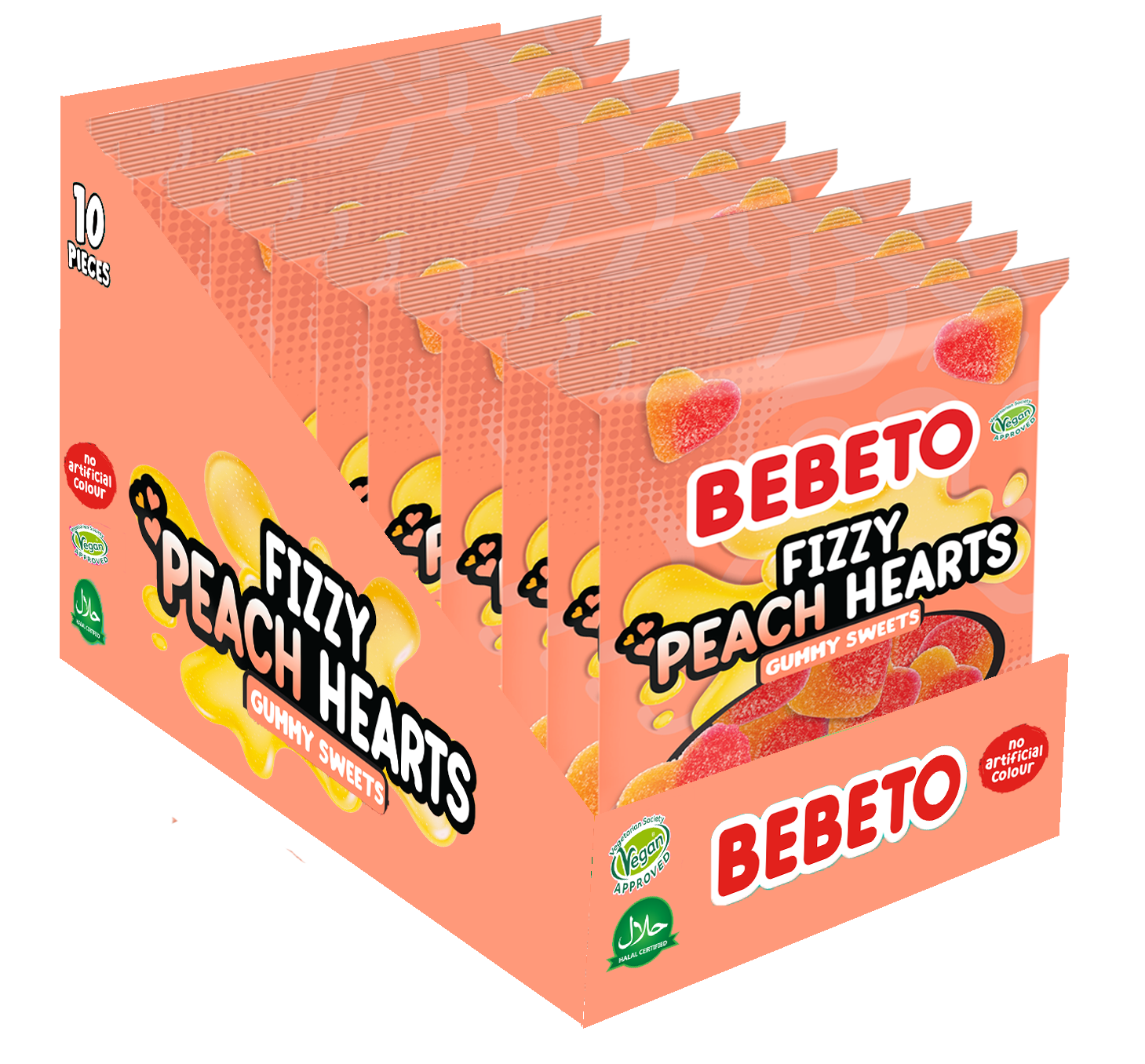 FIZZY PEACH HEARTS (VEGAN) 150G X10 (NPM) – Bebeto