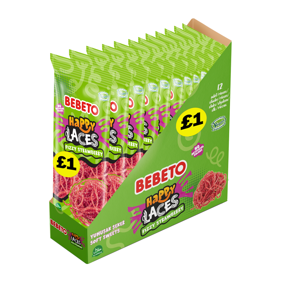 FIZZY STRAWBERRY HAPPY LACES 140G X 12 (PMP) – Bebeto