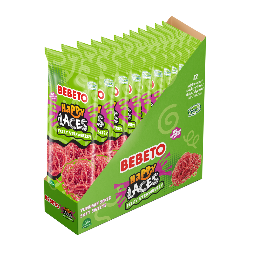 FIZZY STRAWBERRY HAPPY LACES 180G X 12 – Bebeto