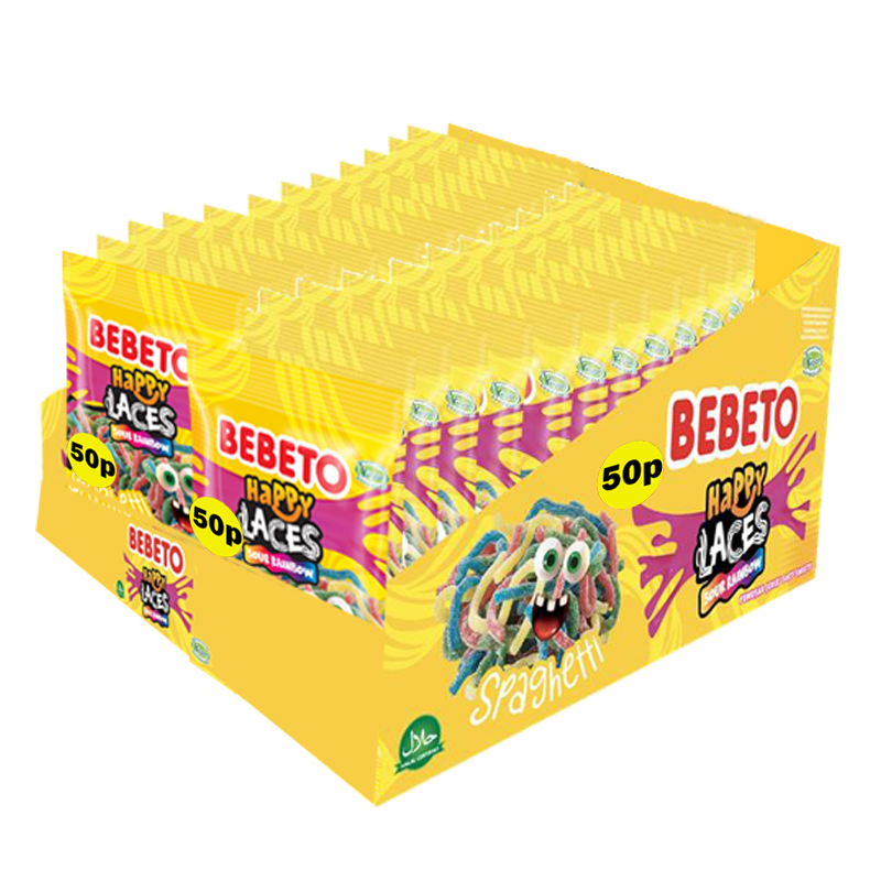 SOUR RAINBOW SPAGHETTI HAPPY LACES 70G PMP X 20 – Bebeto